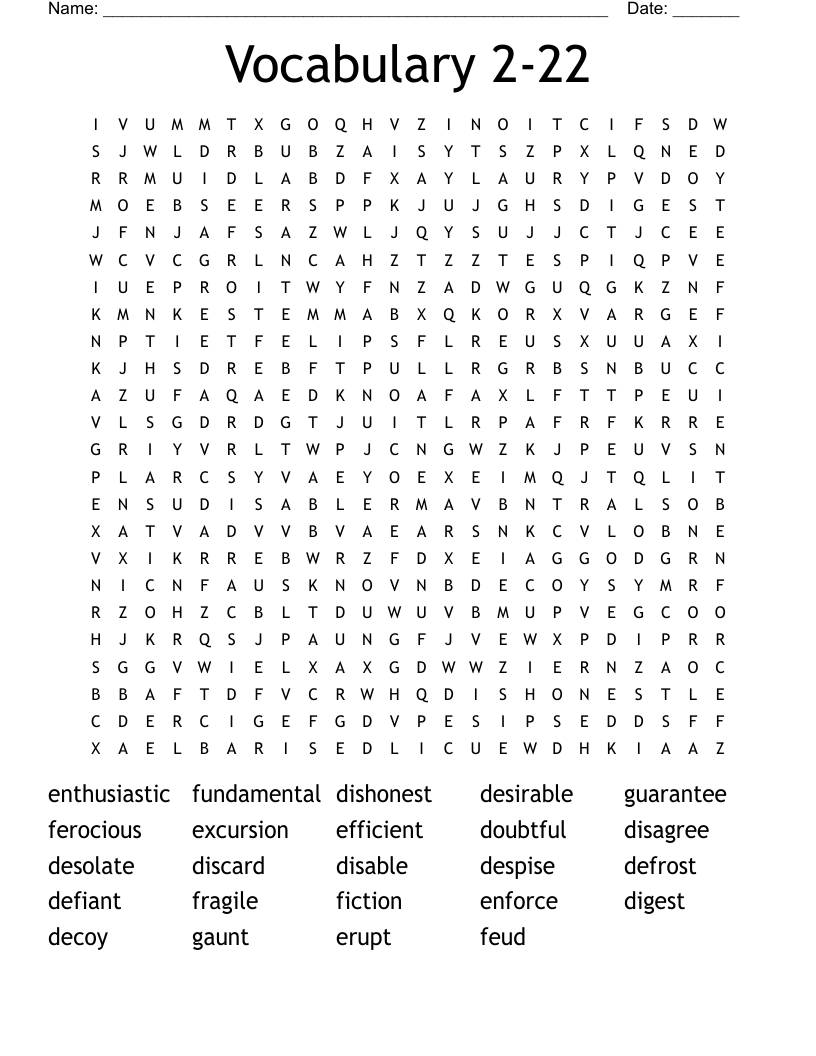 Vocabulary 2-22 Word Search - WordMint