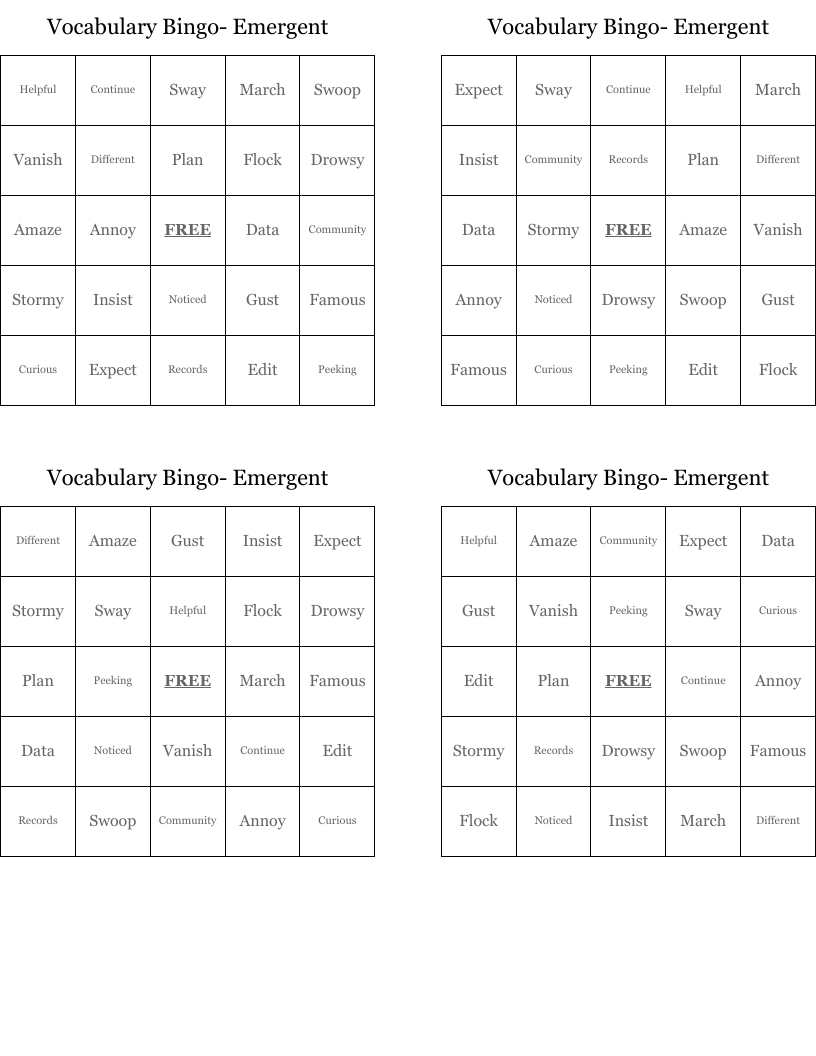 Vocabulary Bingo- Emergent - WordMint
