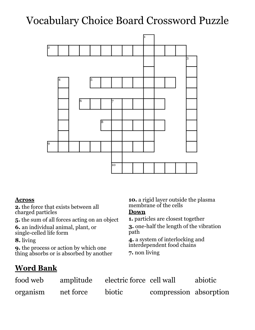 Vocabulary Choice Board Crossword Puzzle - WordMint