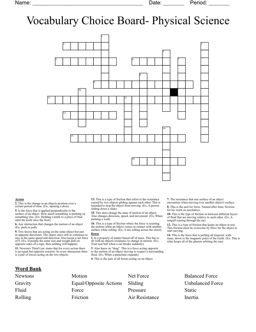 Vocabulary Choice Board- Physical Science Crossword - WordMint