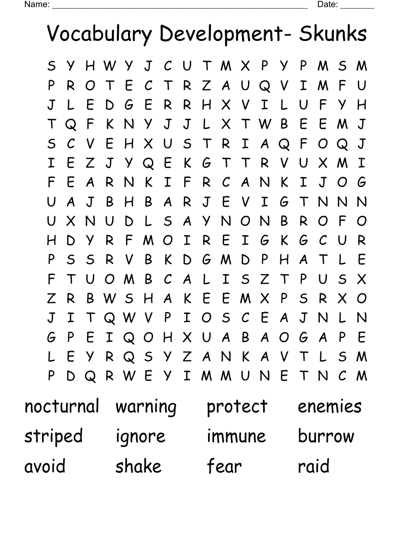 Vocabulary Development- Skunks Word Search - WordMint