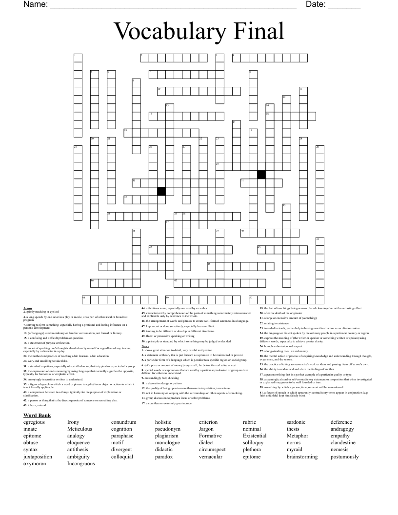 Vocabulary Final Crossword - WordMint