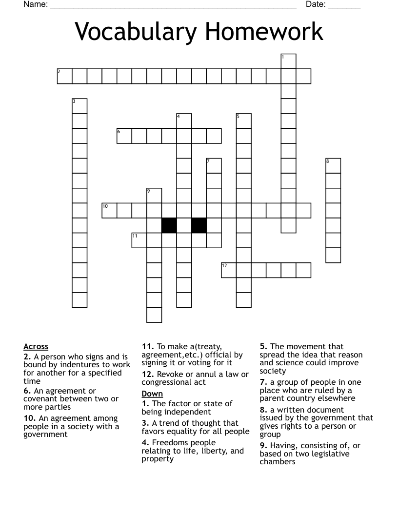 Vocabulary Homework Crossword - WordMint
