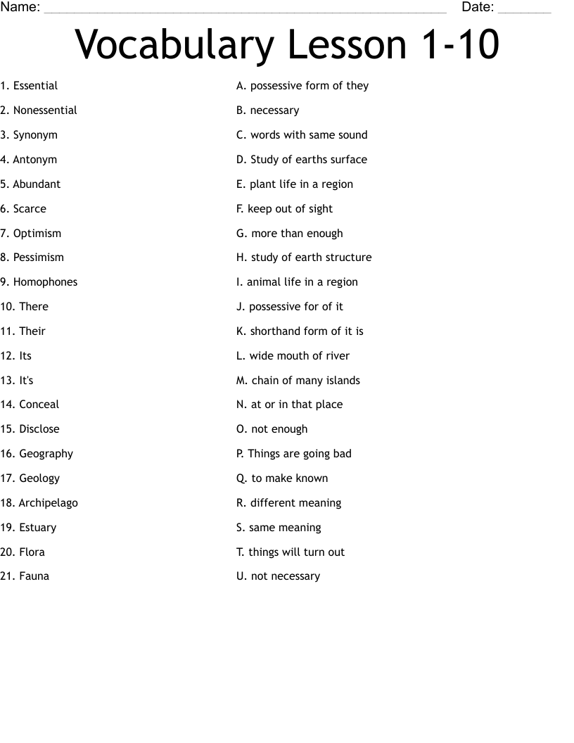 Vocabulary Lesson 1-10 Worksheet - WordMint