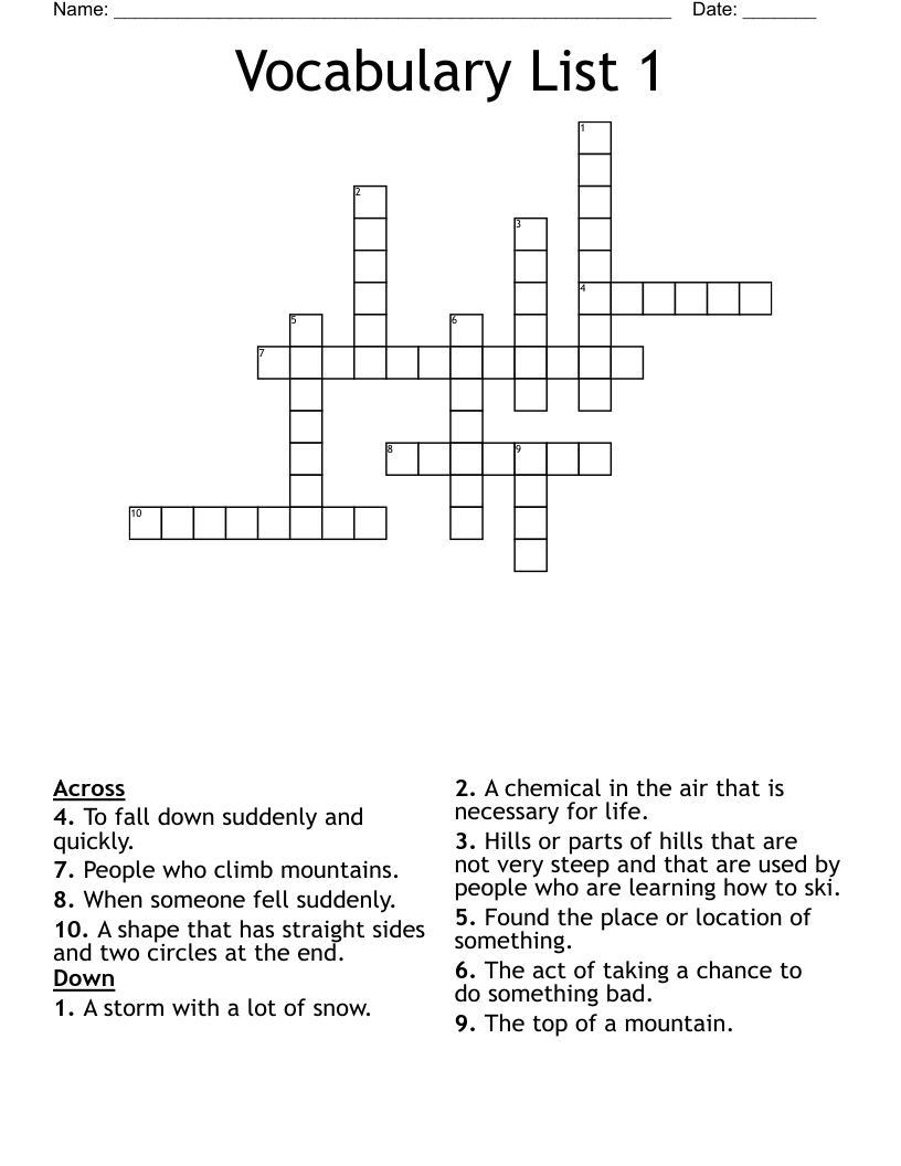 Vocabulary List 1 Crossword - WordMint
