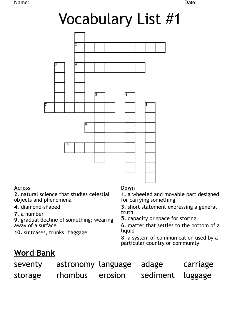 Vocabulary List #1 Crossword - WordMint