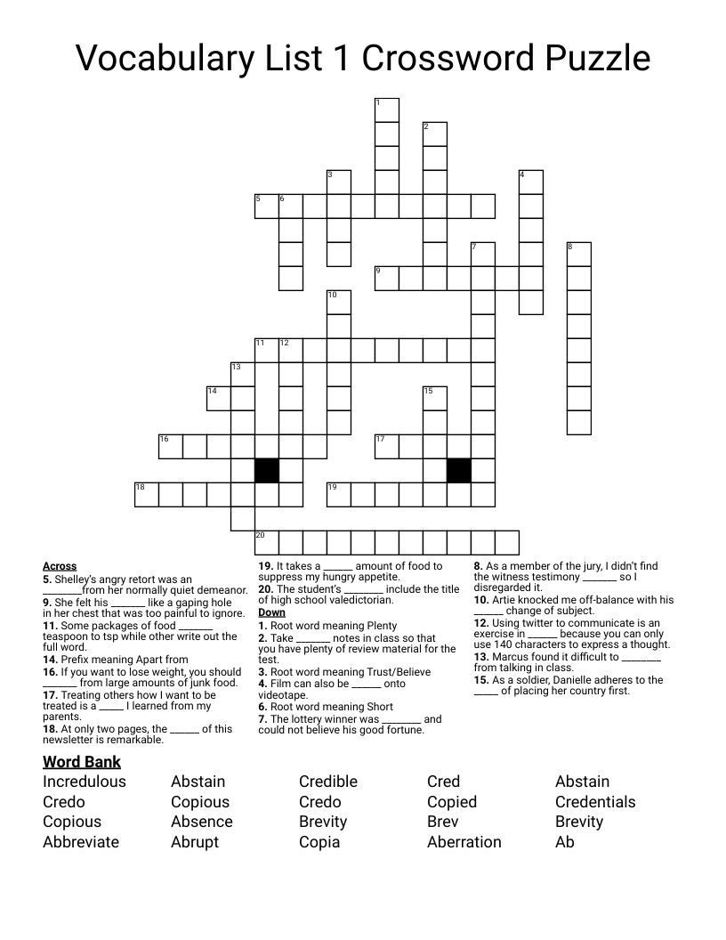 Vocabulary List 1 Crossword Puzzle - WordMint