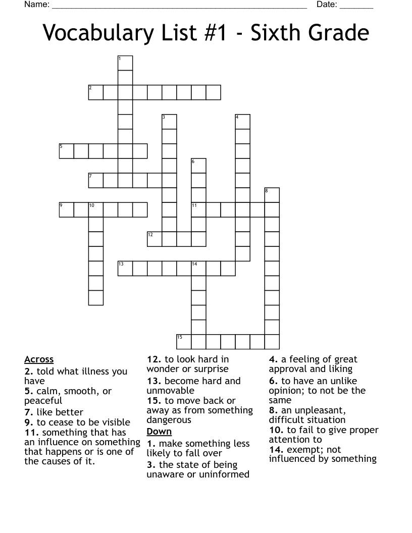 Vocabulary List #1 - Sixth Grade Crossword - WordMint