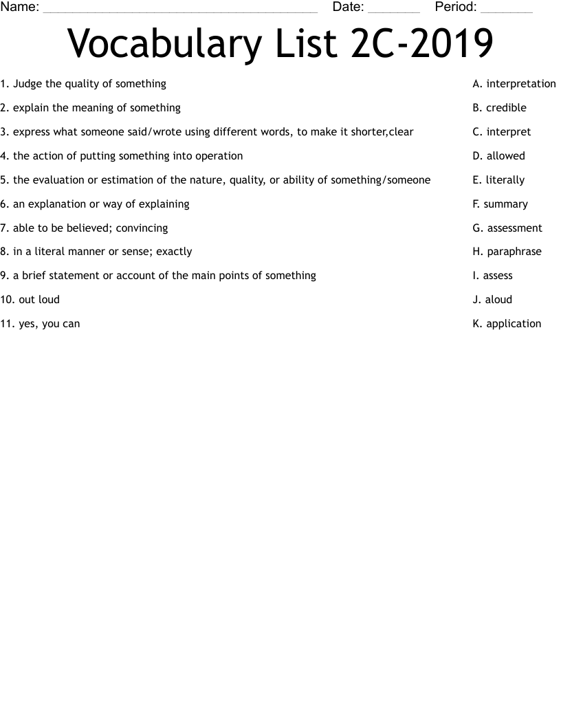 Vocabulary List 2C-2019 Worksheet - WordMint