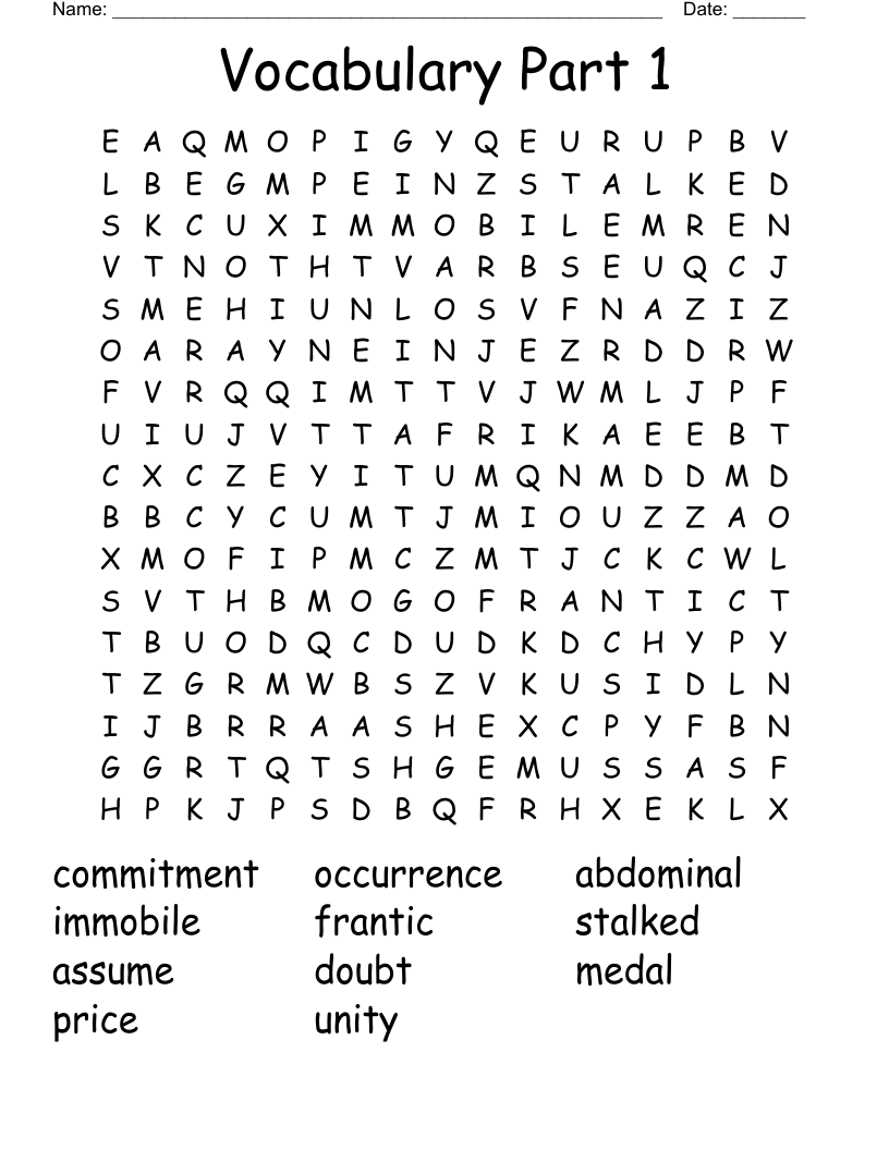 Vocabulary Part 1 Word Search - WordMint