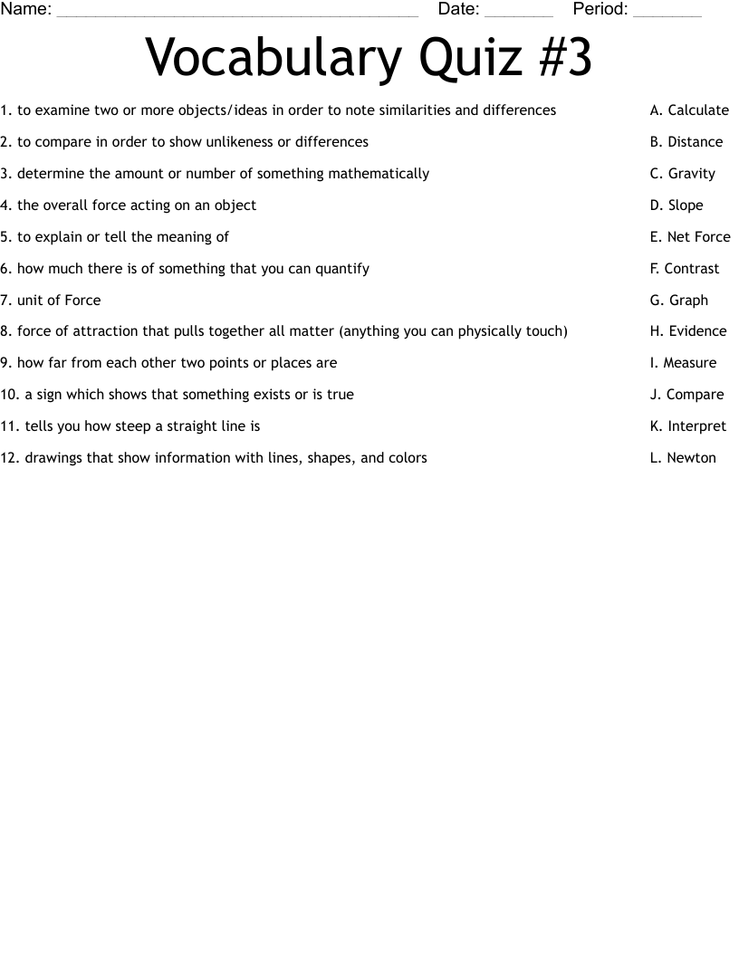 Vocabulary Quiz #3 Worksheet - WordMint