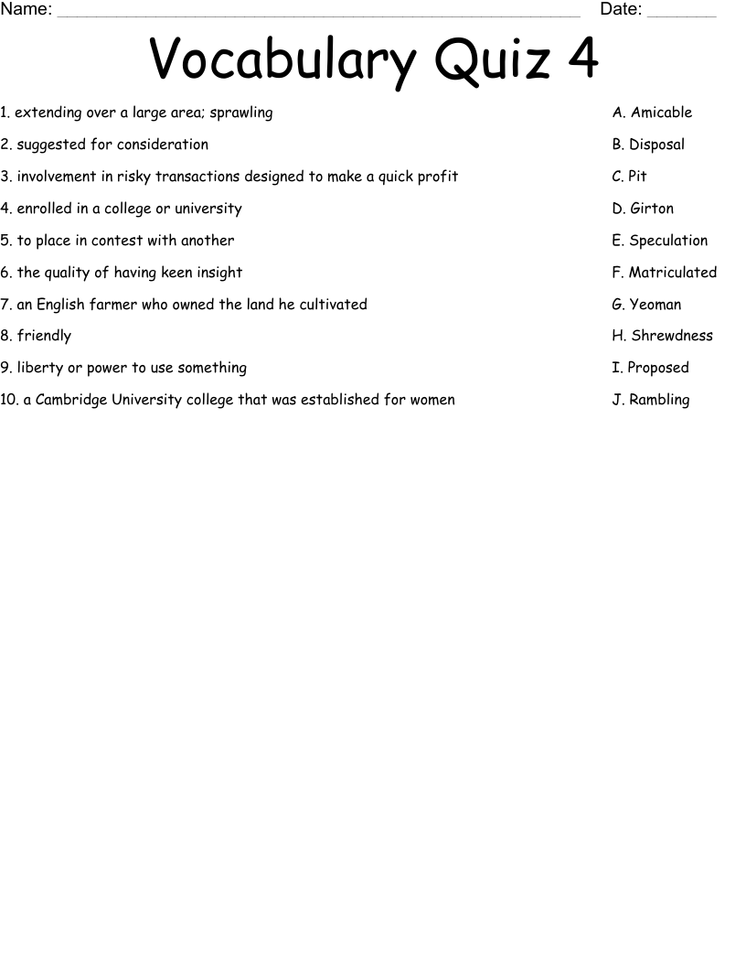 Vocabulary Quiz 4 Worksheet - WordMint