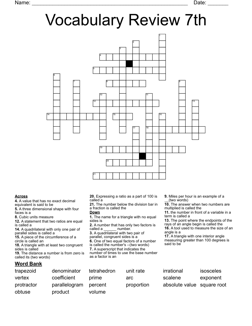 Vocabulary Review 7th Crossword - WordMint