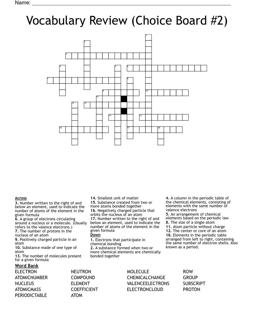 Vocabulary Review (Choice Board #2) Crossword - WordMint