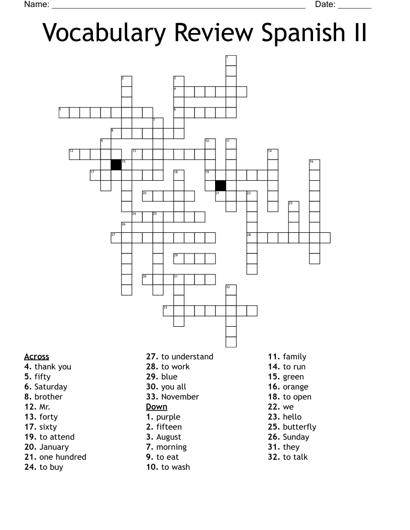 Vocabulary Review Spanish II Crossword - WordMint
