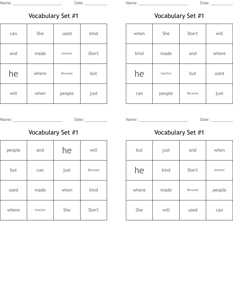 Vocabulary Set #1 Bingo Cards - WordMint