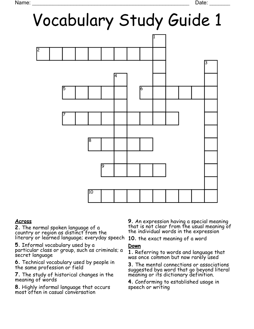 Vocabulary Study Guide 1 Crossword - WordMint