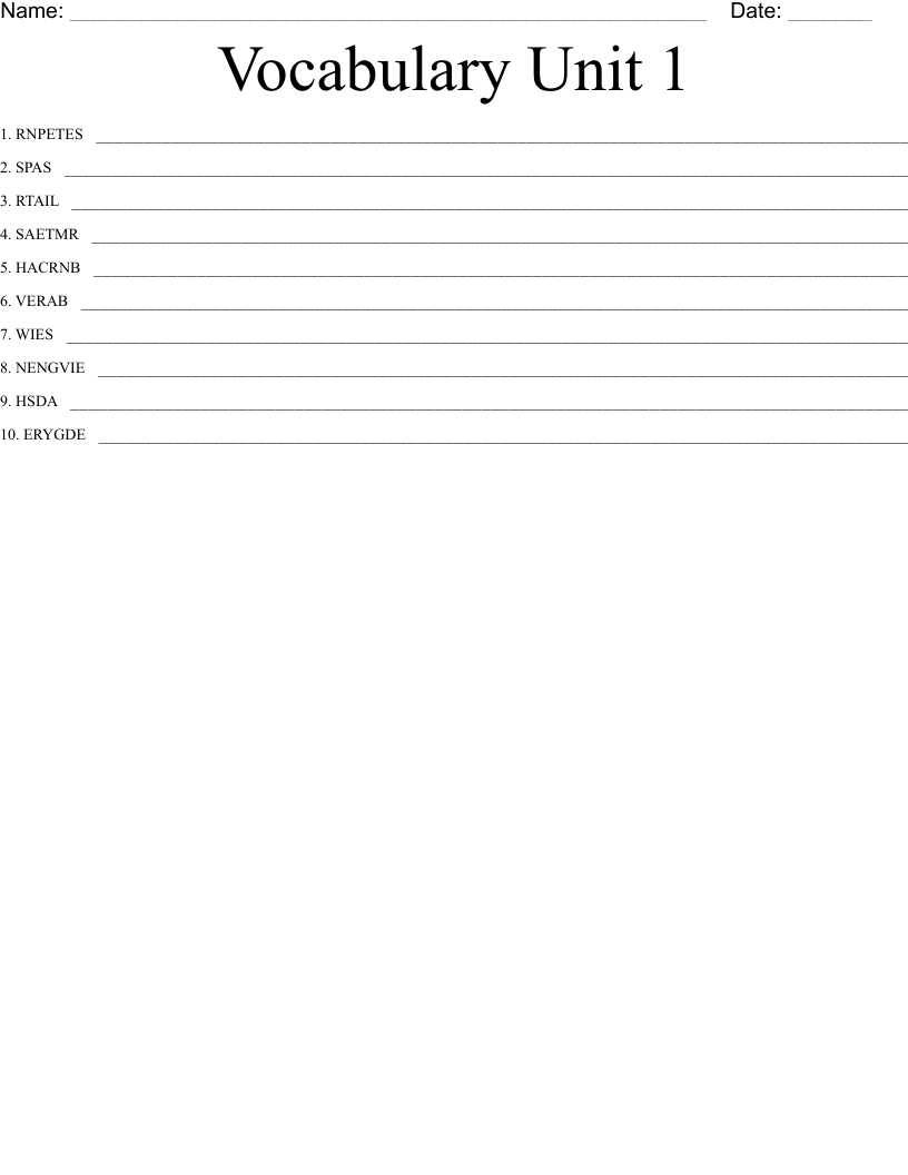Vocabulary Unit 1 Word Scramble - WordMint
