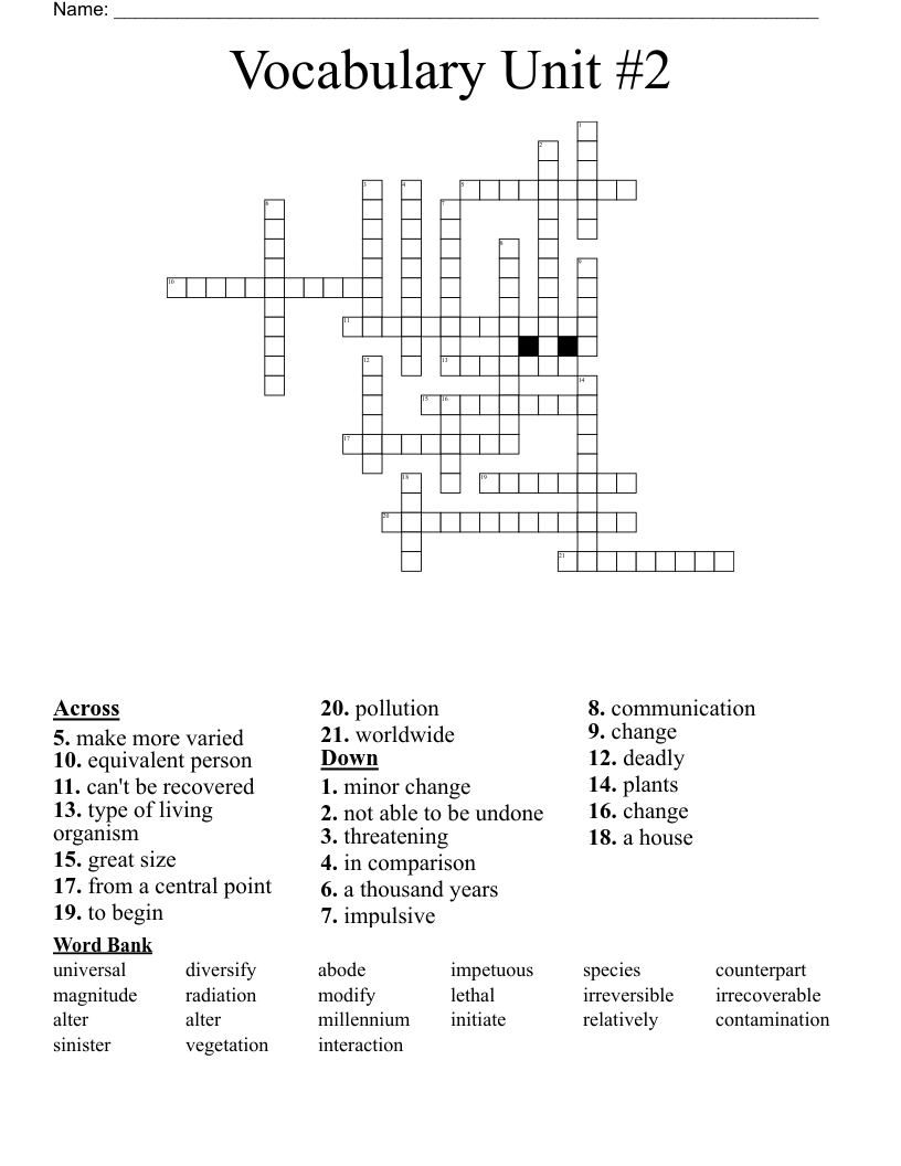 Vocabulary Unit #2 Crossword - WordMint
