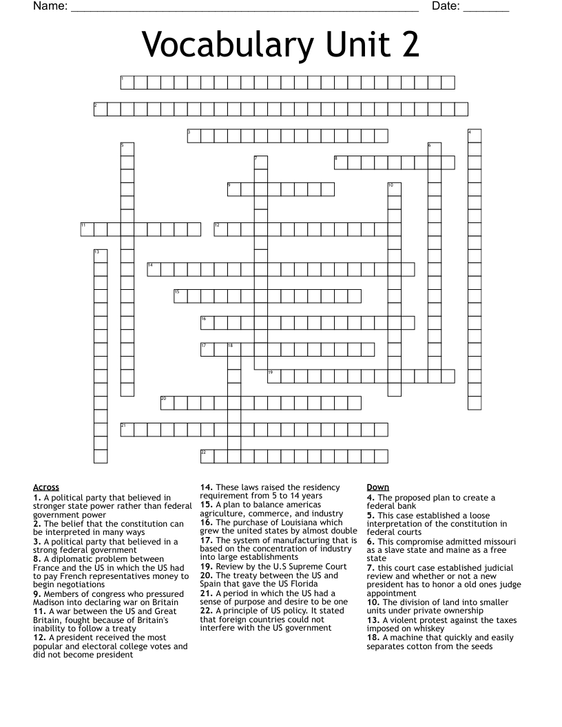 Vocabulary Unit 2 Crossword - WordMint