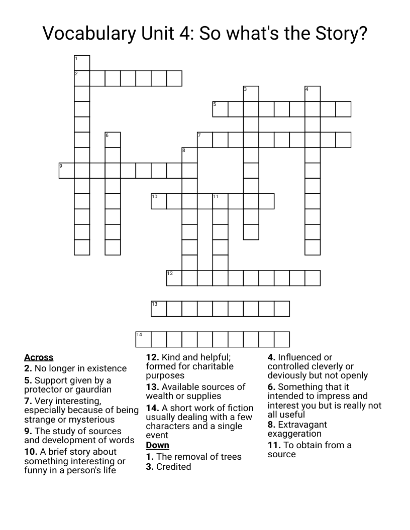 Vocabulary Unit 4: So what's the Story? Crossword - WordMint