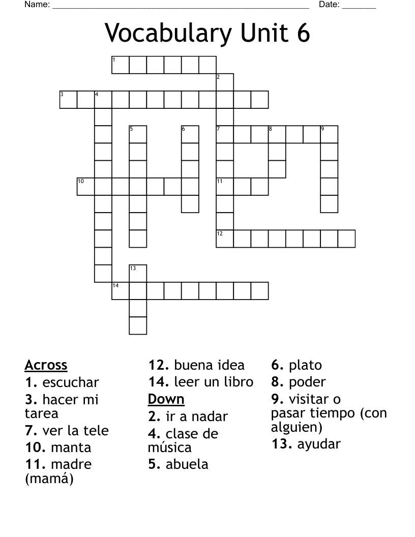 Vocabulary Unit 6 Crossword - WordMint