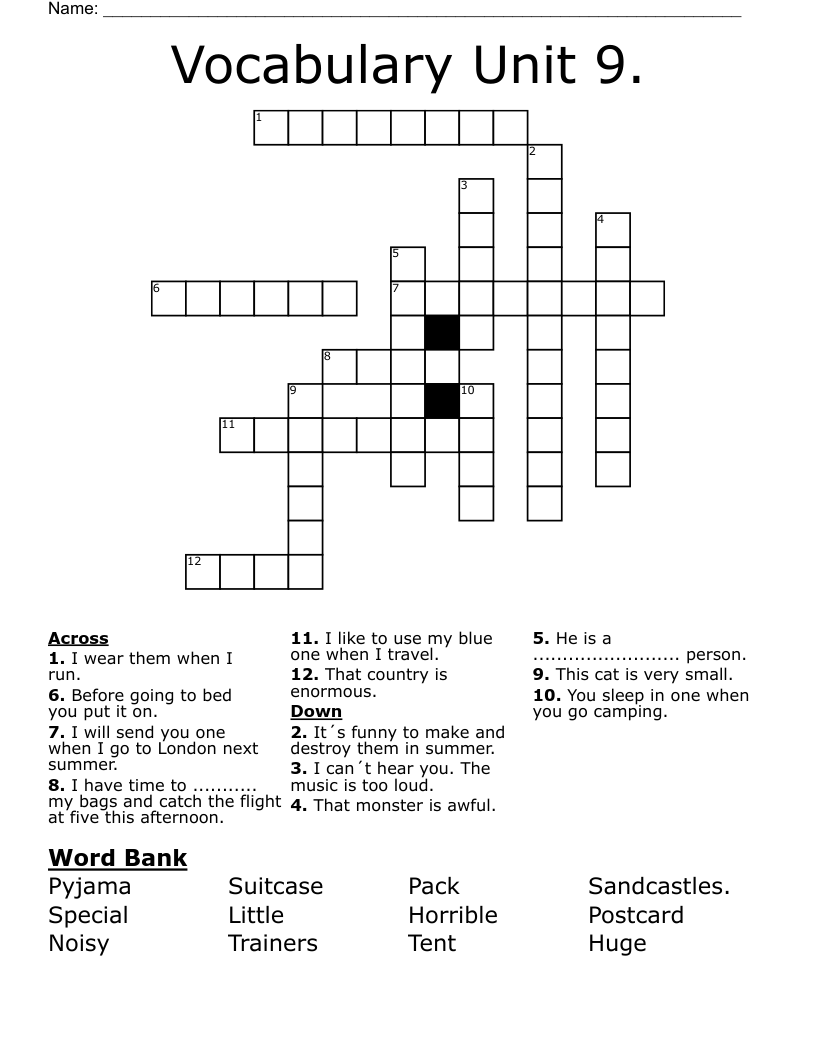 Vocabulary Unit 9. Crossword - WordMint