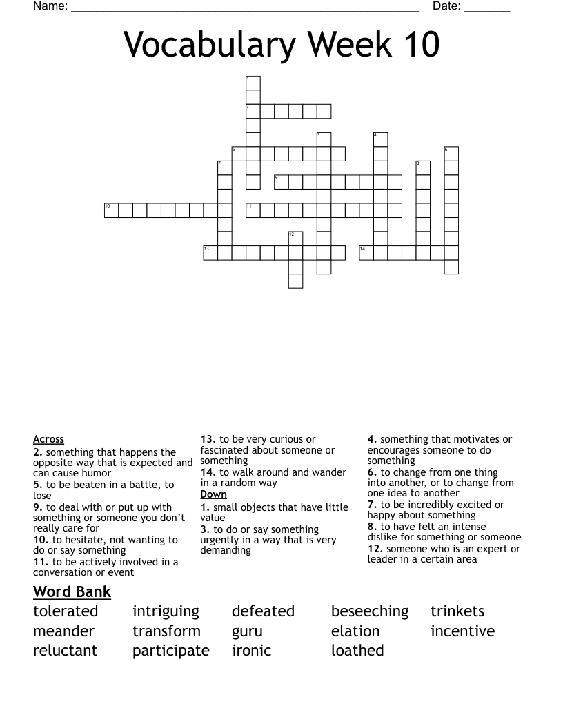 Vocabulary Week 10 Crossword - WordMint