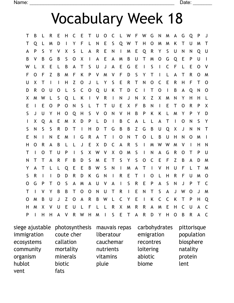 Vocabulary Week 18 Word Search - WordMint