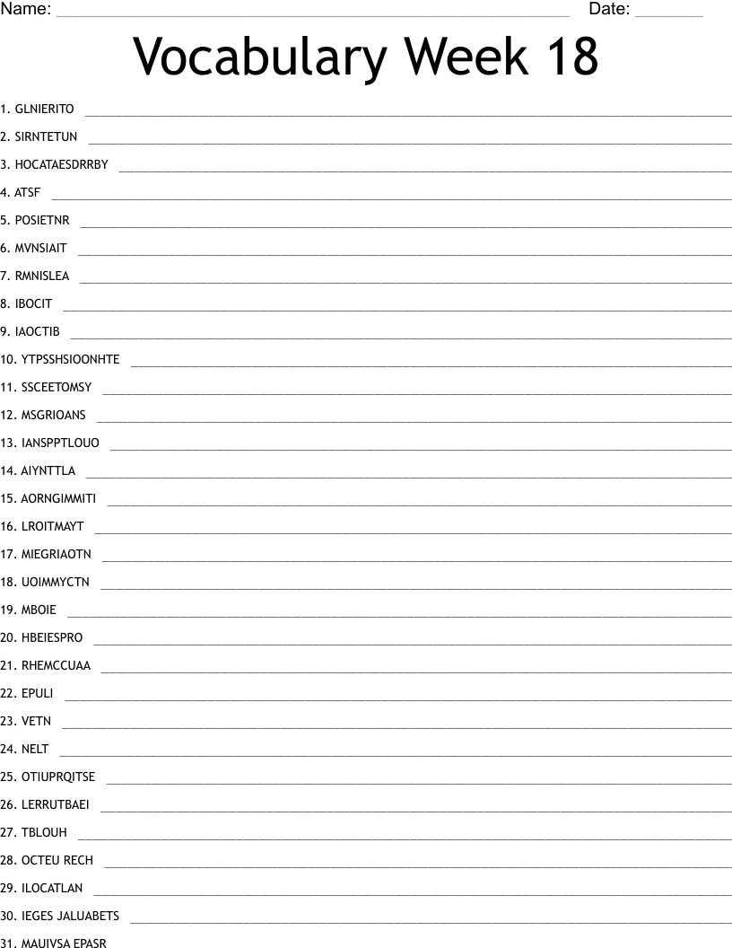Vocabulary Week 18 Word Scramble - WordMint