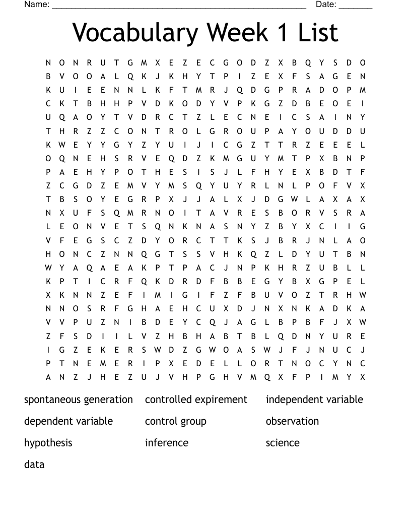 Vocabulary Week 1 List Word Search - WordMint