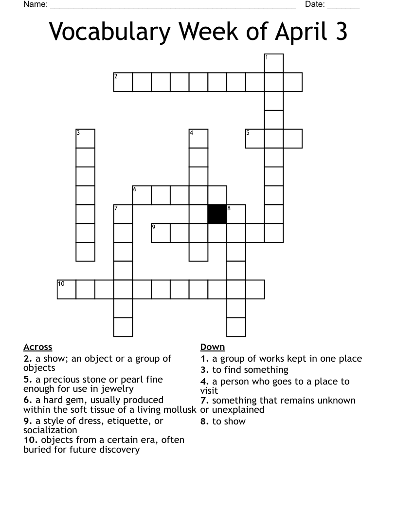Vocabulary Week of April 3 Crossword - WordMint