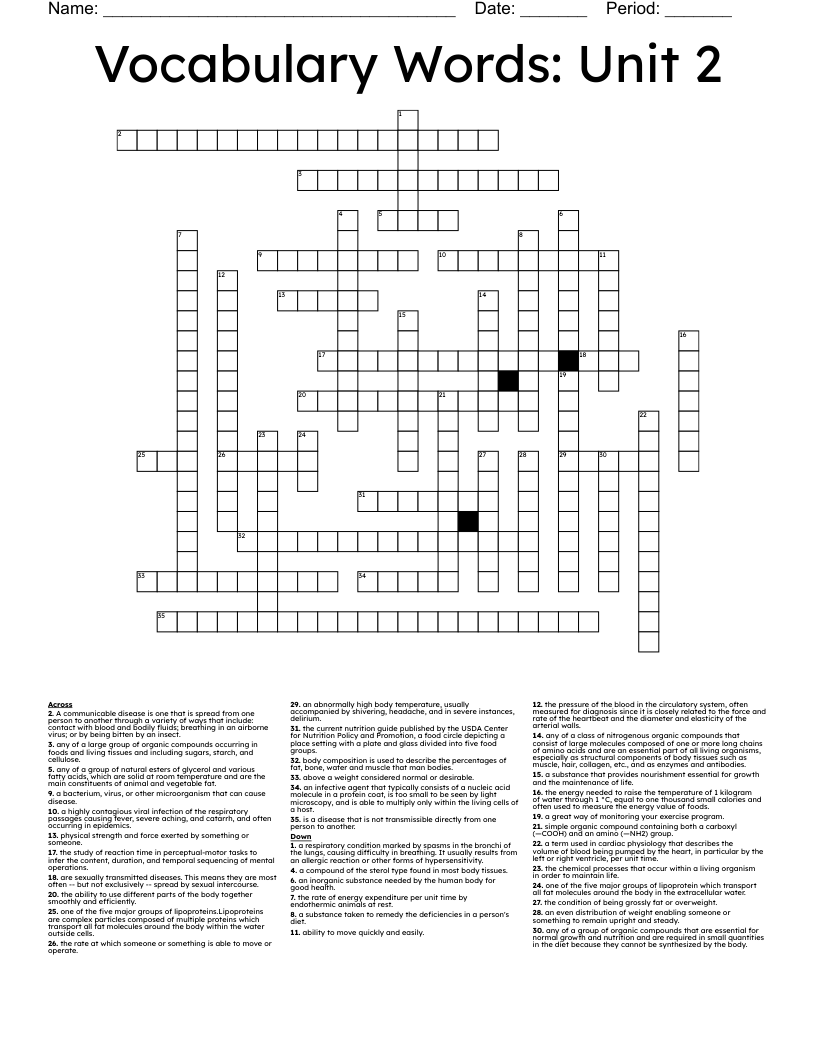 Vocabulary Words: Unit 2 Crossword - WordMint