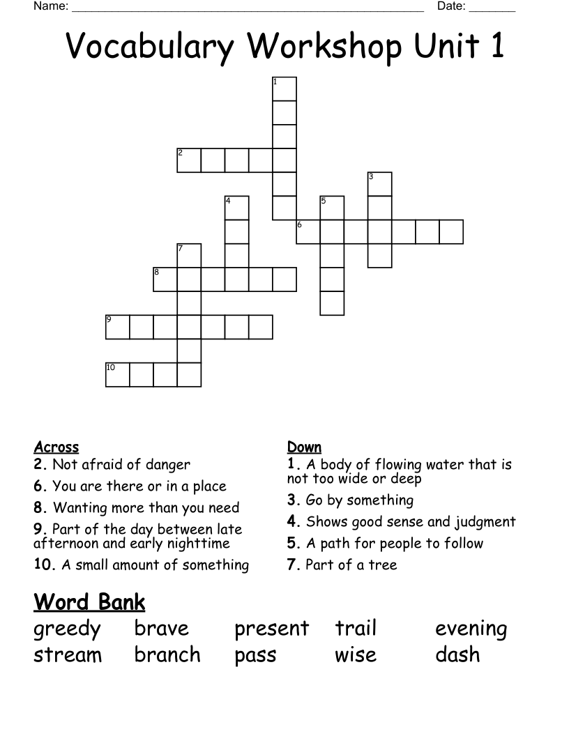 Vocabulary Workshop Unit 1 Crossword - WordMint