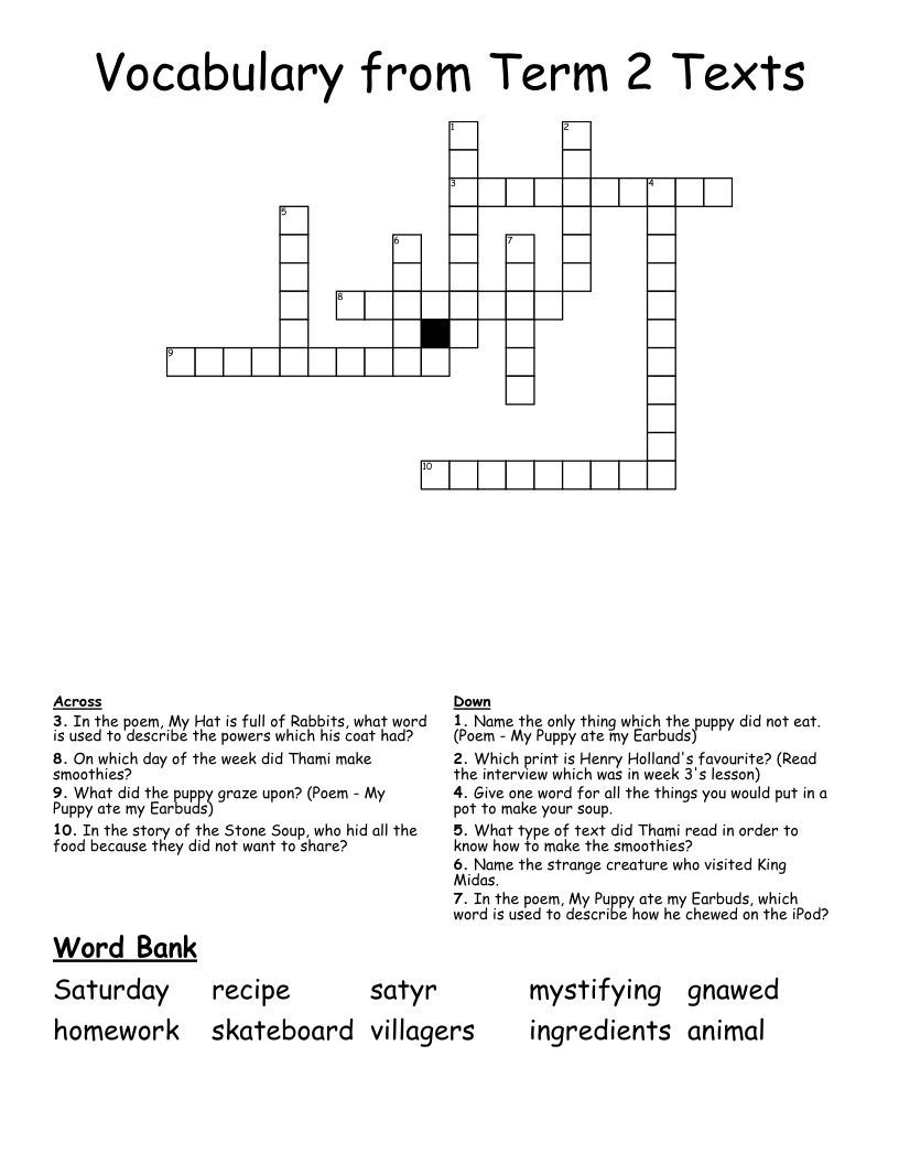 Vocabulary From Term 2 Texts Crossword WordMint