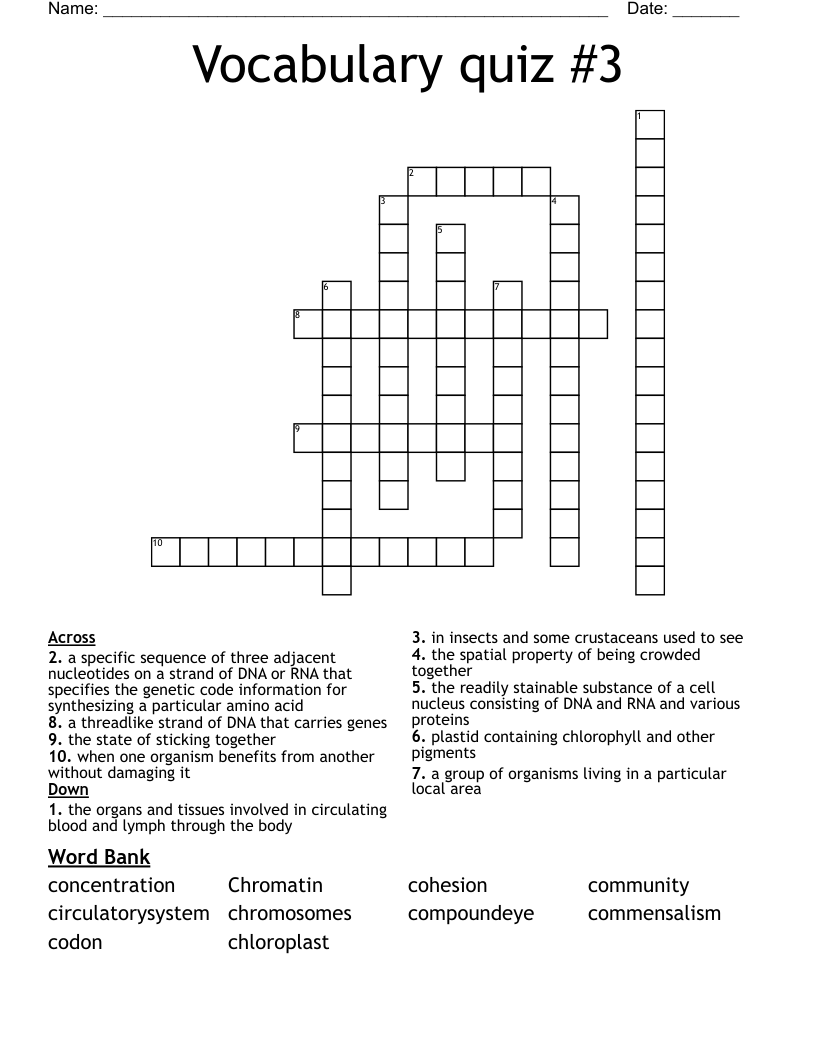 Vocabulary quiz #3 Crossword - WordMint