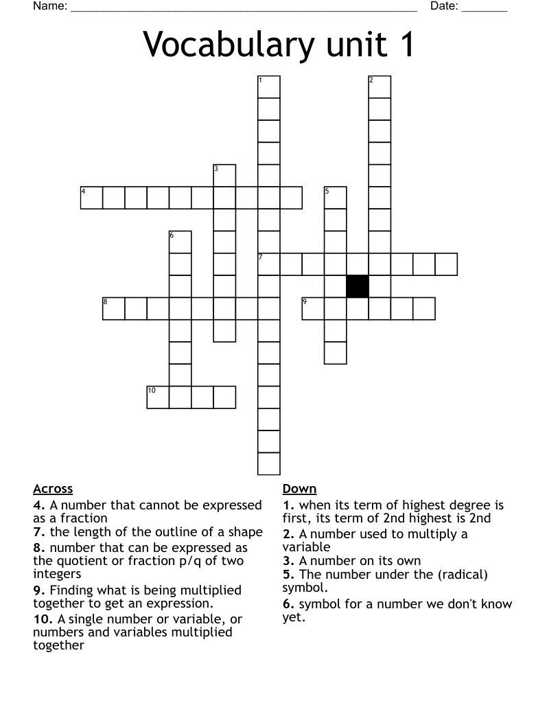 Vocabulary unit 1 Crossword - WordMint