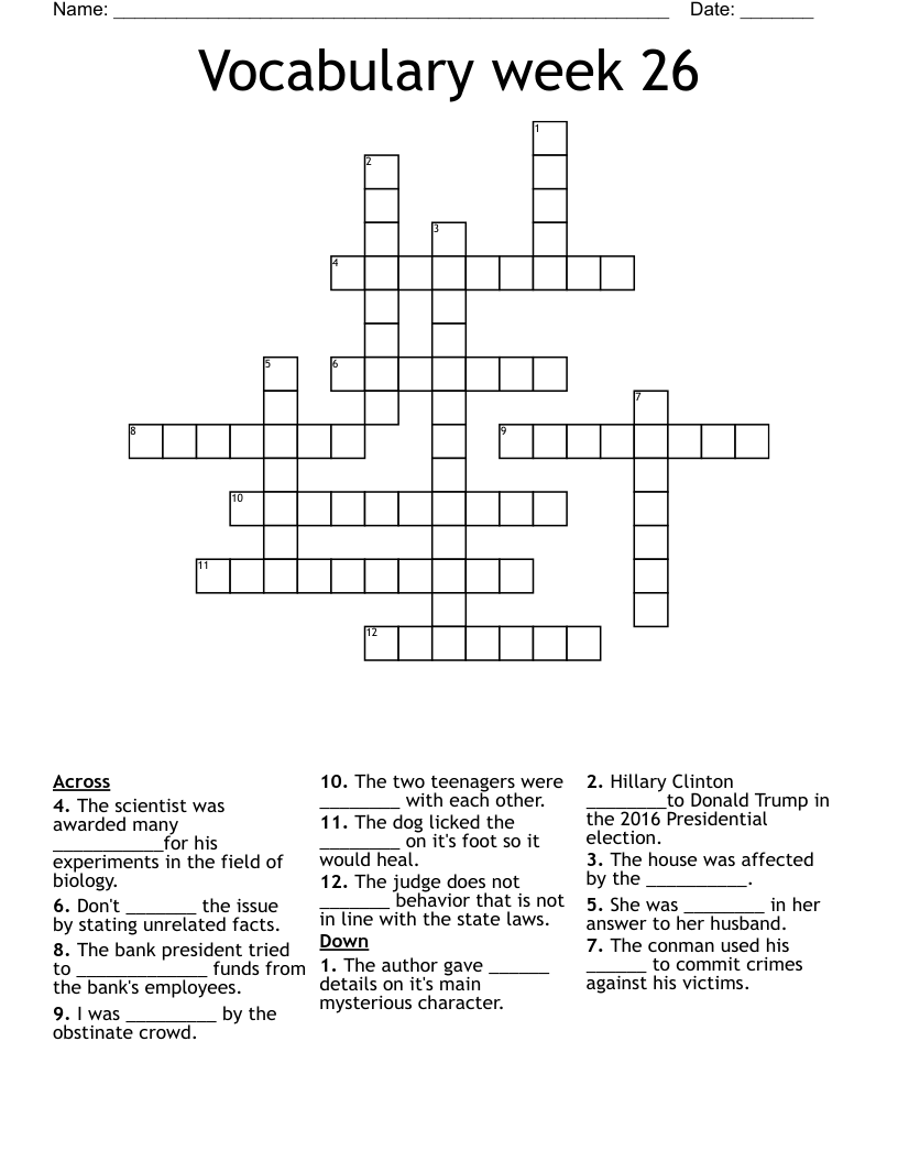 Vocabulary week 26 Crossword - WordMint