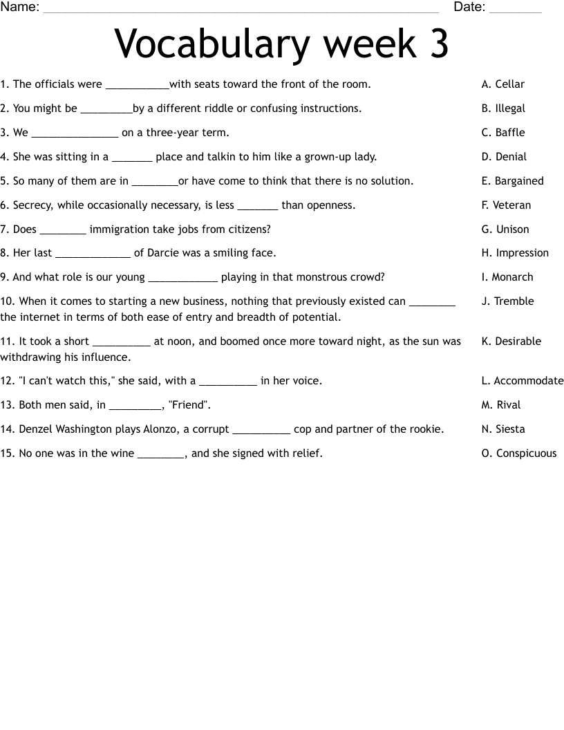Vocabulary week 3 Worksheet - WordMint