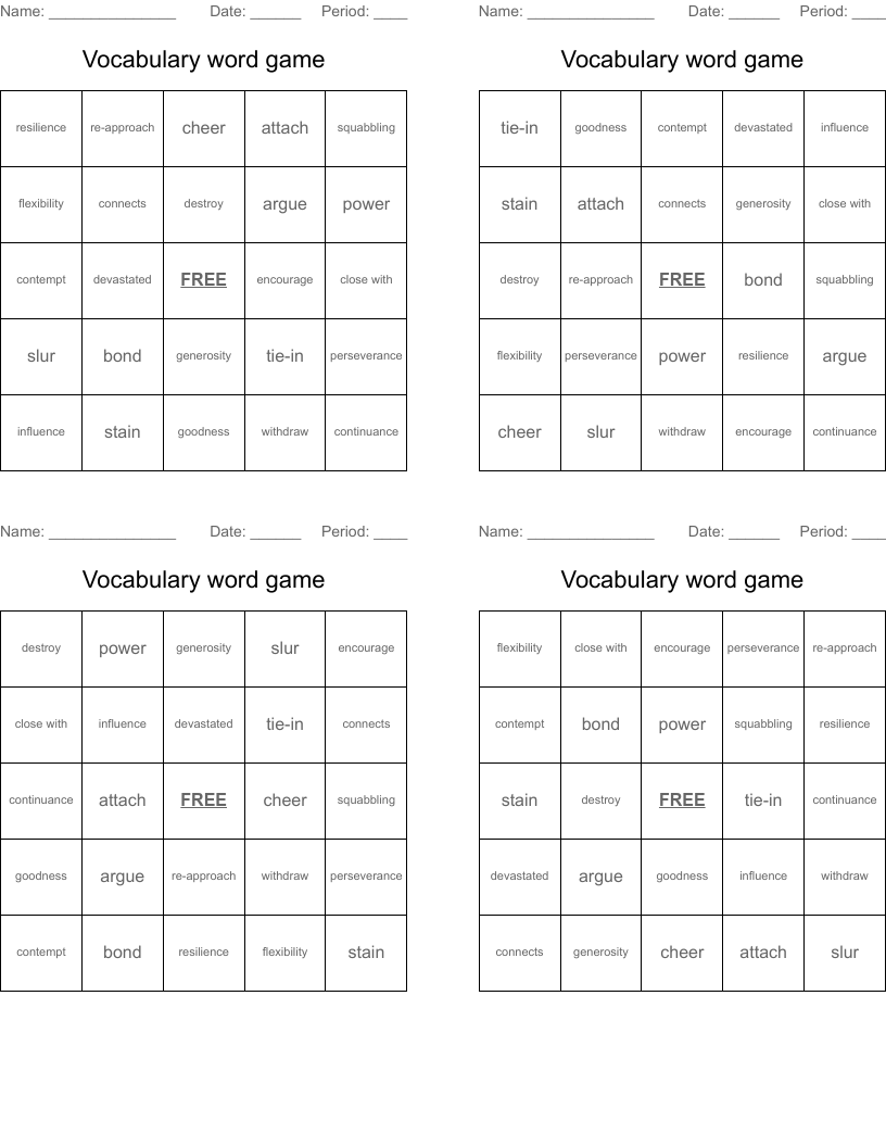 Vocabulary word game Bingo Cards - WordMint