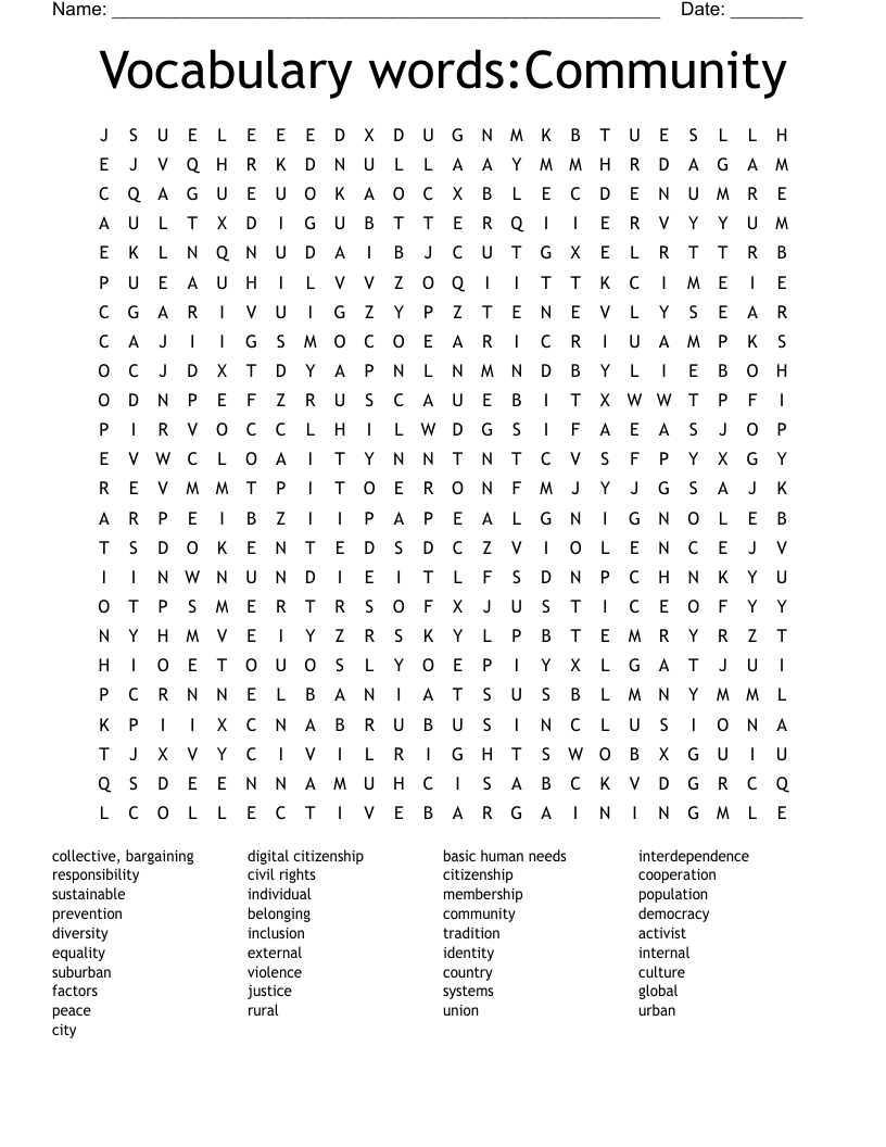 Vocabulary words:Community Word Search - WordMint