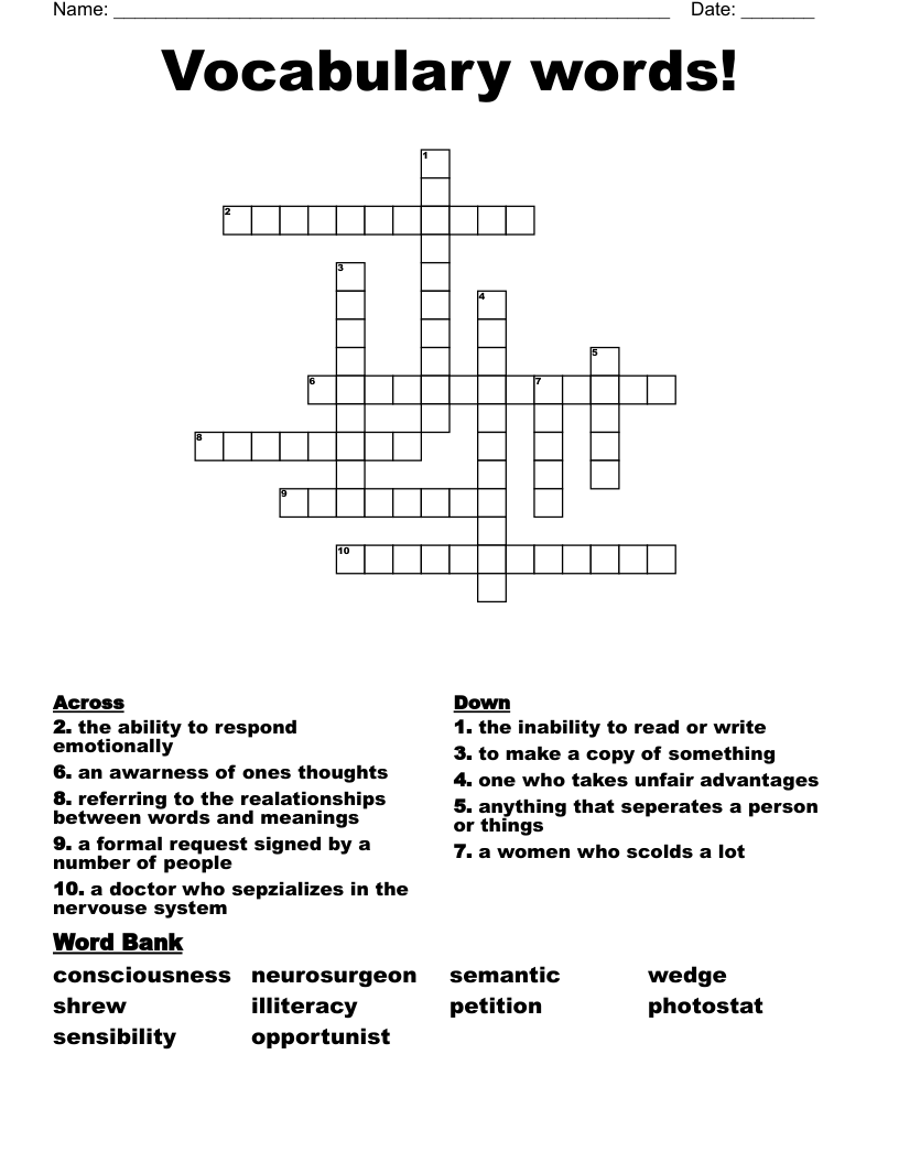 Vocabulary words! Crossword - WordMint