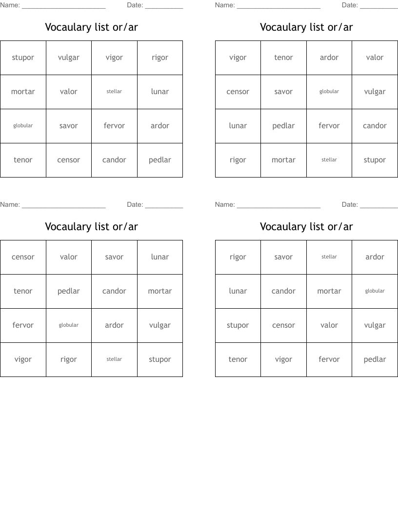 Vocaulary list or/ar Bingo Cards - WordMint