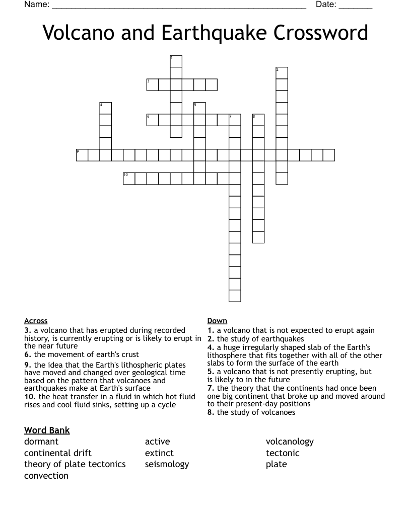 Volcano and Earthquake Crossword - WordMint