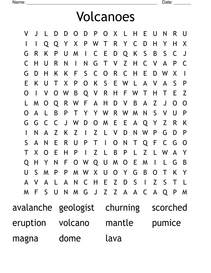 Volcanoes Word Search - WordMint