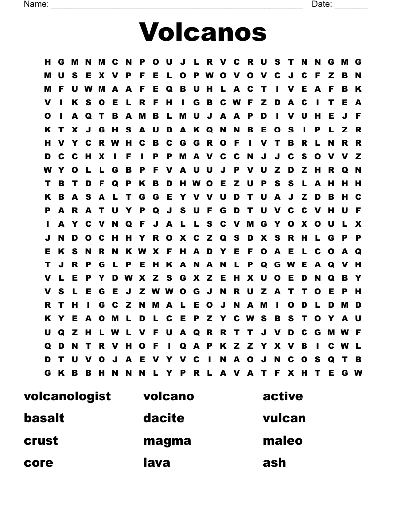 Volcanos Word Search - WordMint