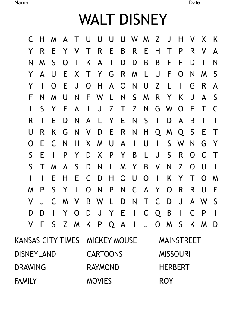 WALT DISNEY Word Search WordMint