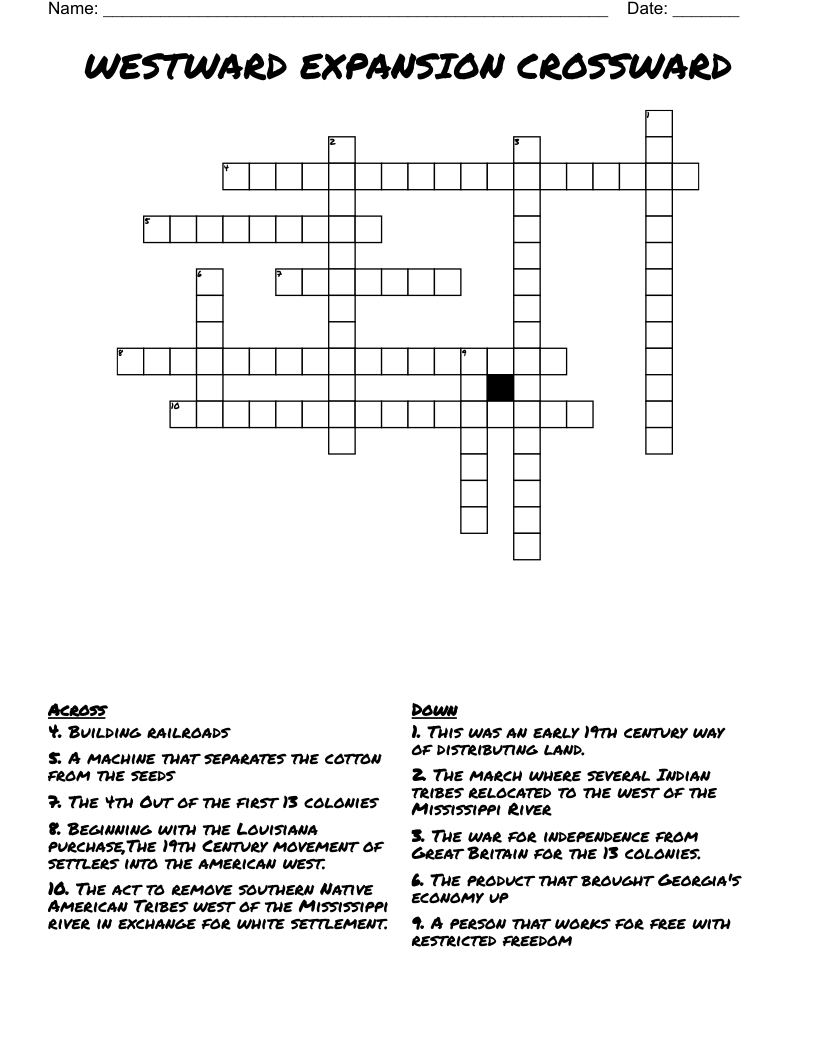 WESTWARD EXPANSION CROSSWARD Crossword - WordMint