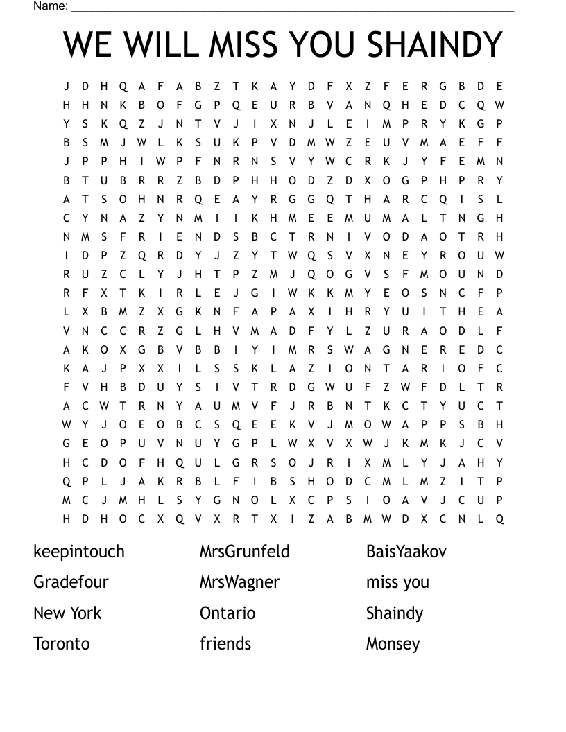 WE WILL MISS YOU SHAINDY Word Search WordMint