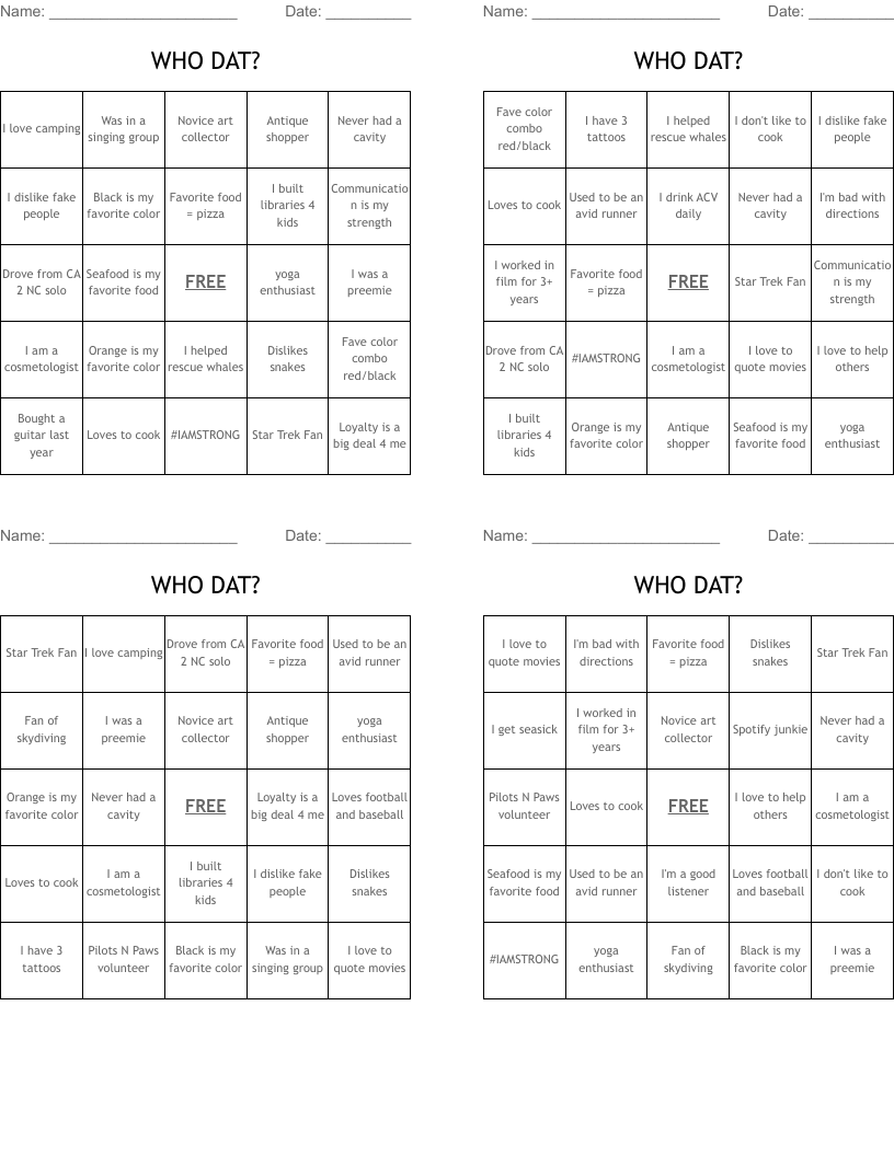 WHO DAT? Bingo Cards - WordMint